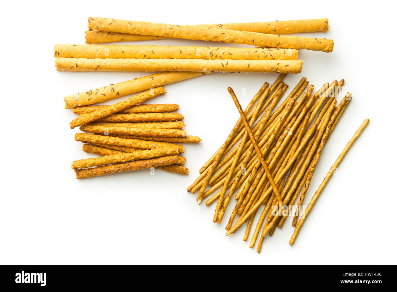 Salty pretzel sticks isolated on white background. Top view Stock Photo ...