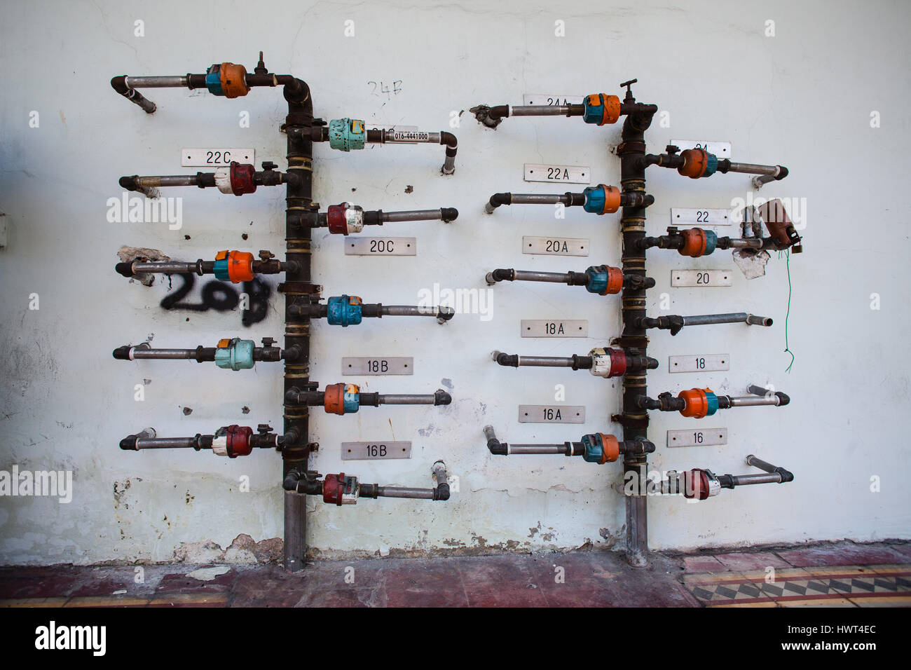 Water pipe system on the wall. Pumping systems for industrial plants ...