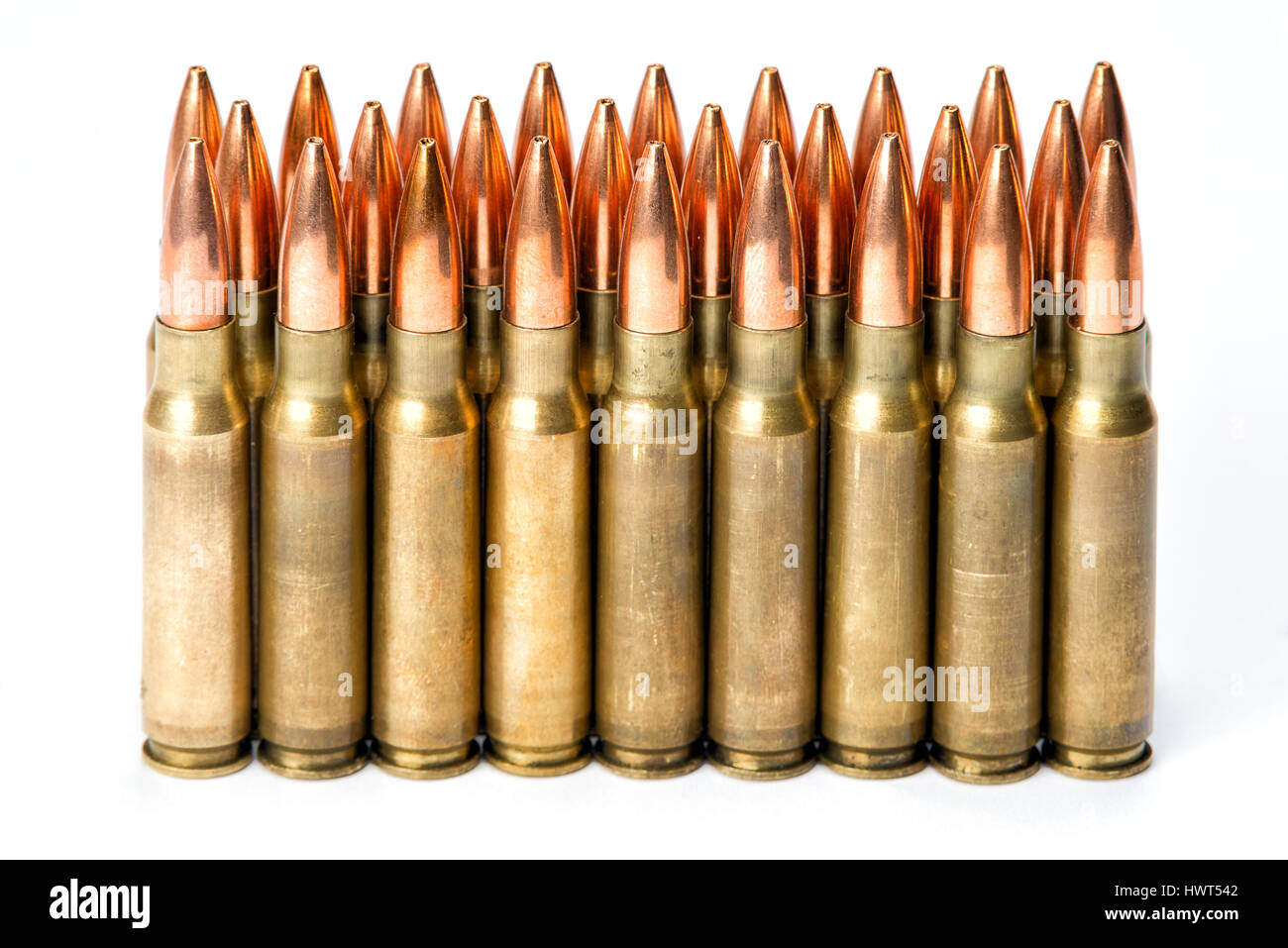 Group several rifle cartridges with reflections on a white background ...