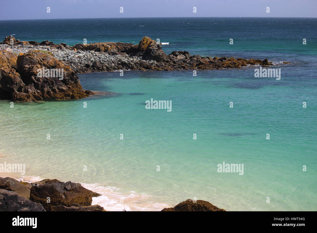 Blue green sea and the Cornish coast at St Ives, Cornwall. UK Stock ...