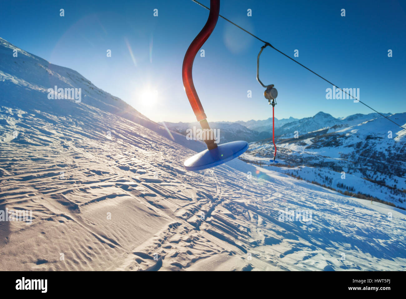 Empty button lift against beautiful mountain scene Stock Photo - Alamy