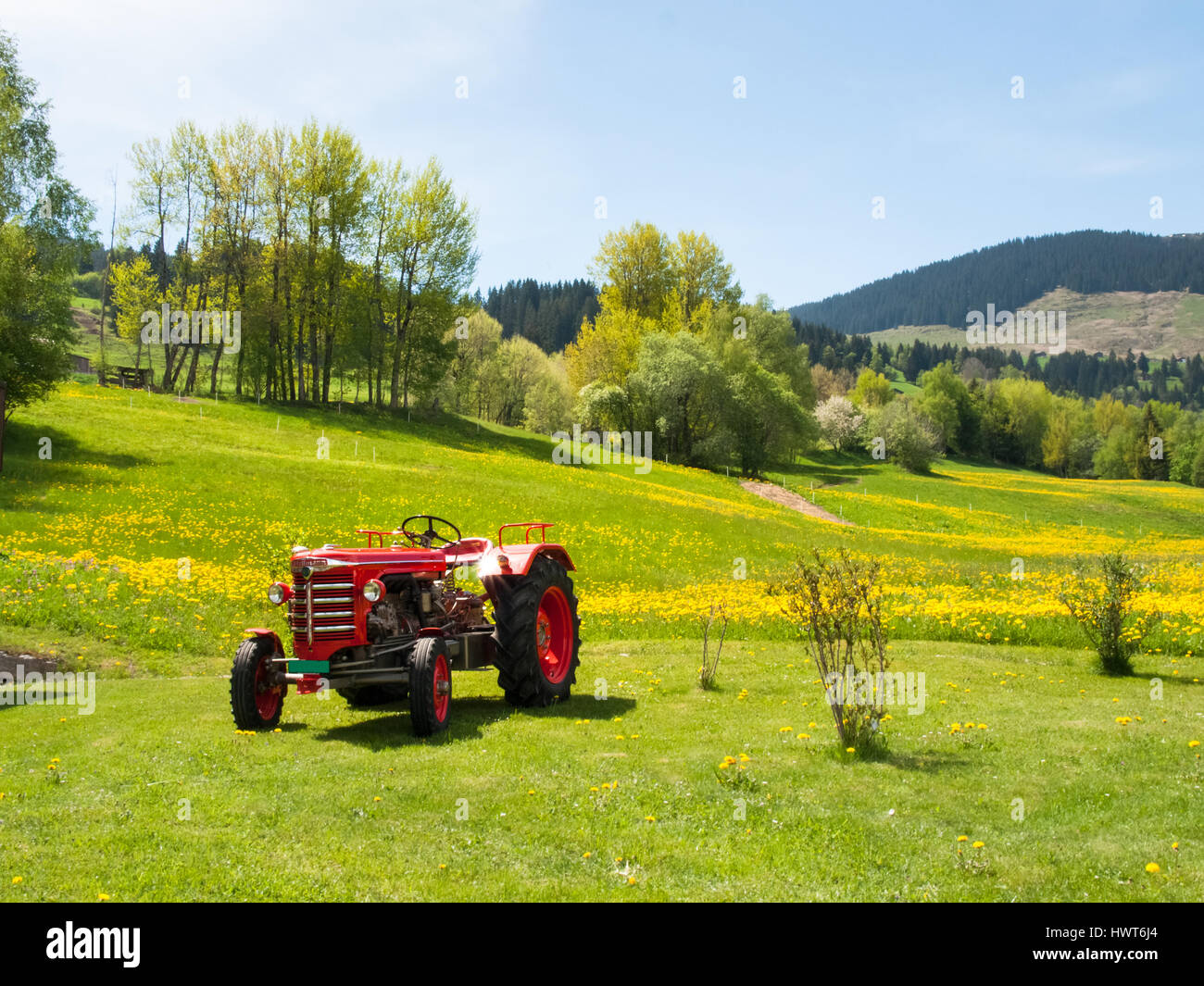 Surselva, Switzerland - May 14, 2015: Antique tractor parked on a lawn ...