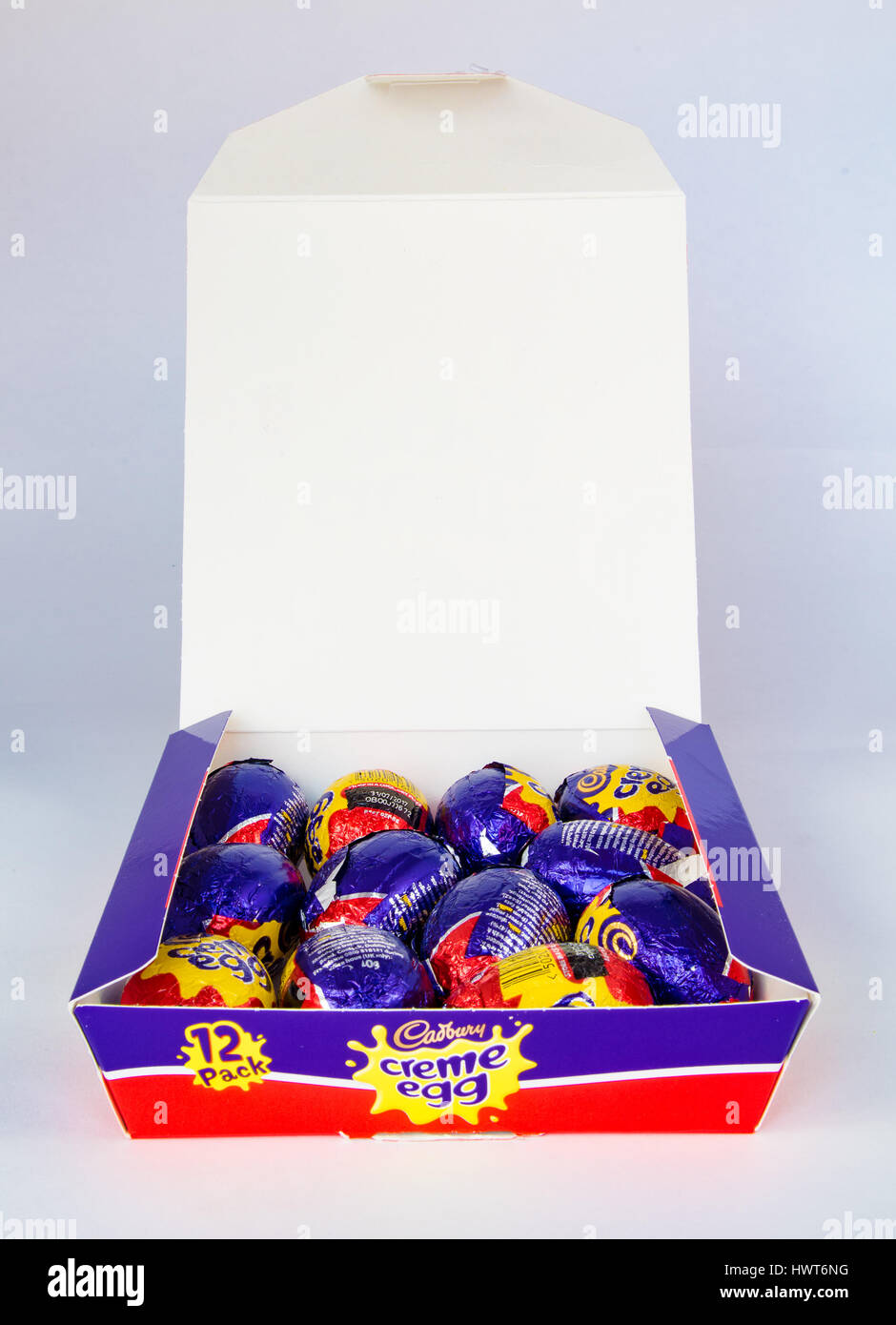 CHESTER, UNITED KINGDOM - March 19 2017: Cadbury's Creme Egg box. Open ...