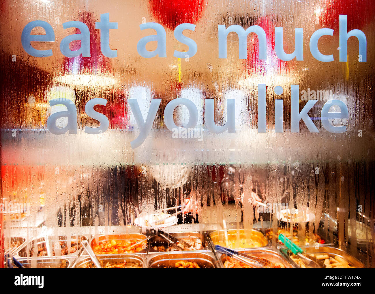 chinese buffet seen through steamy windows condensation dripping down ...