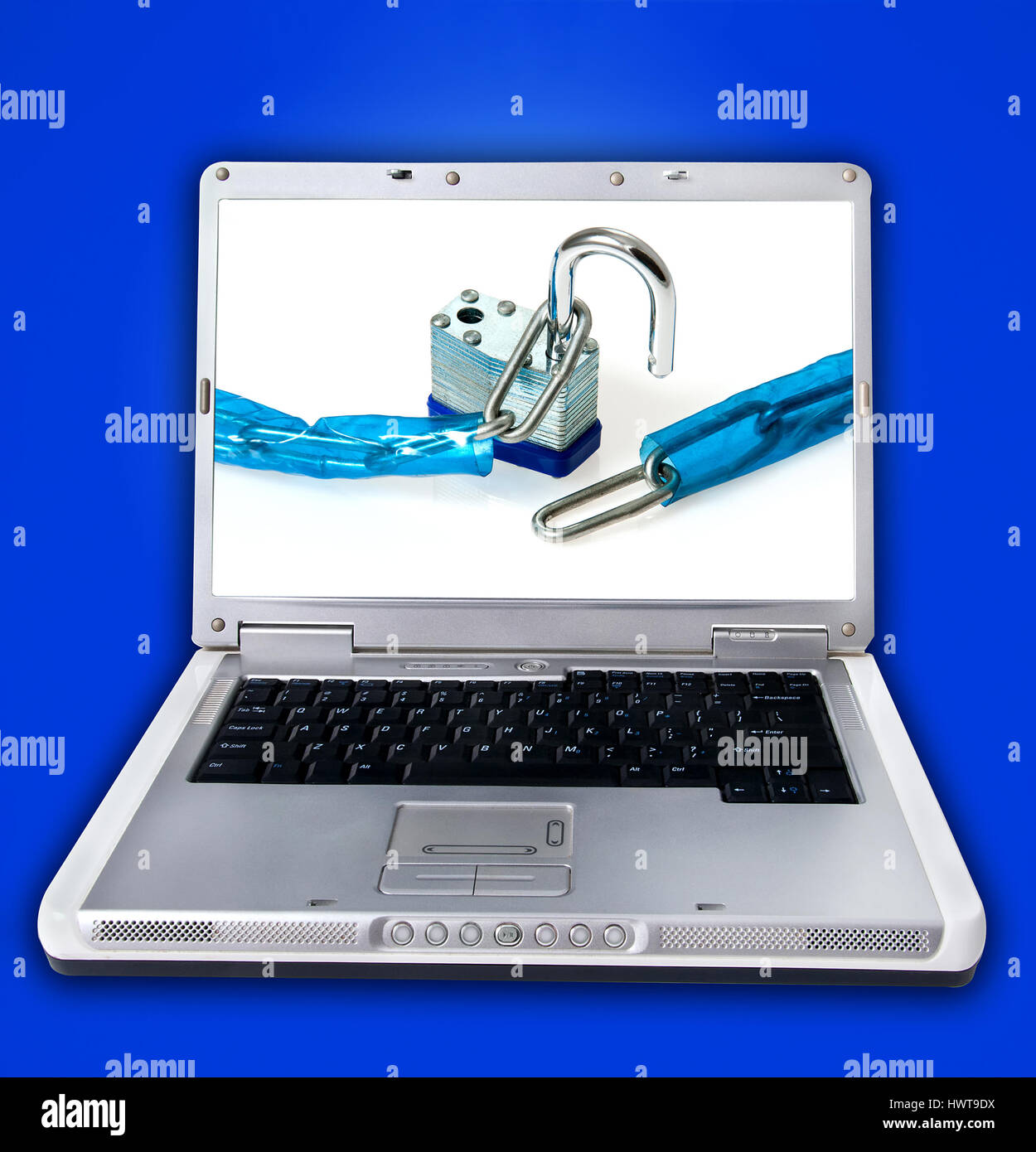 Blank screen laptop computer on blue Stock Photo - Alamy