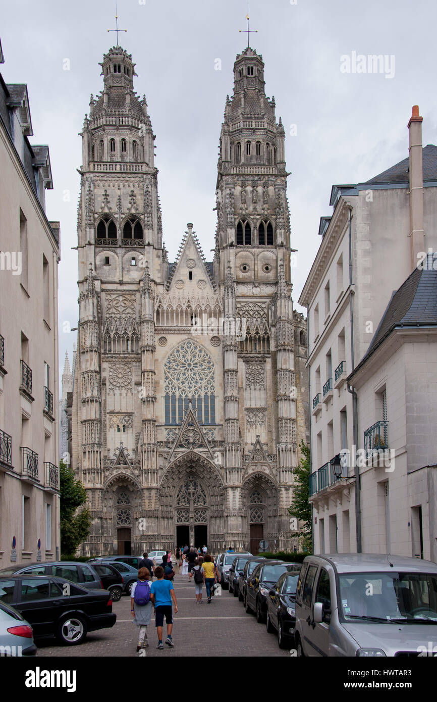 the facade of the flamboyant gothic cathedral of saint gatien, in tours ...
