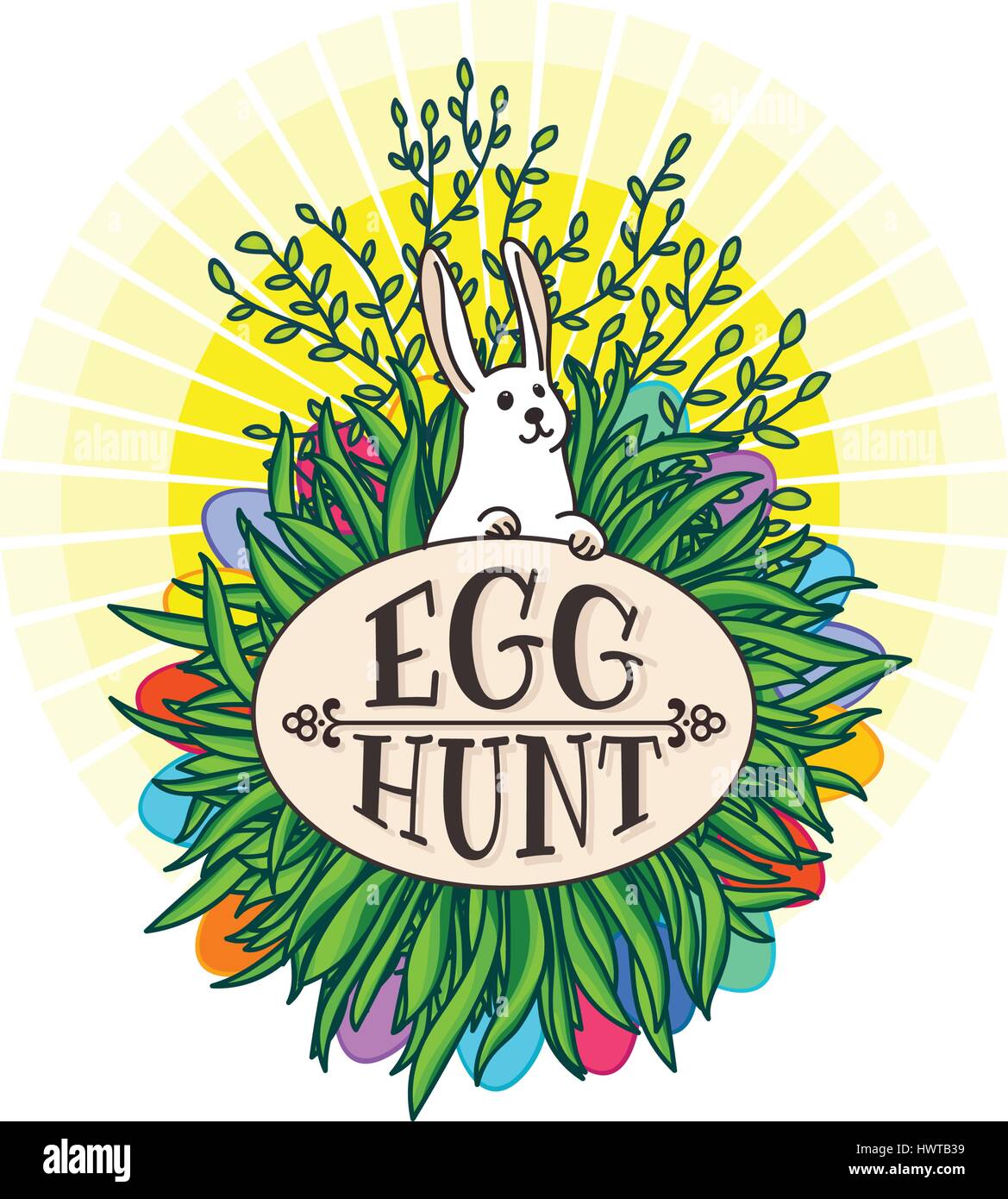 Egg hunt illustration. Easter game with painted Paschal eggs. Greeting ...