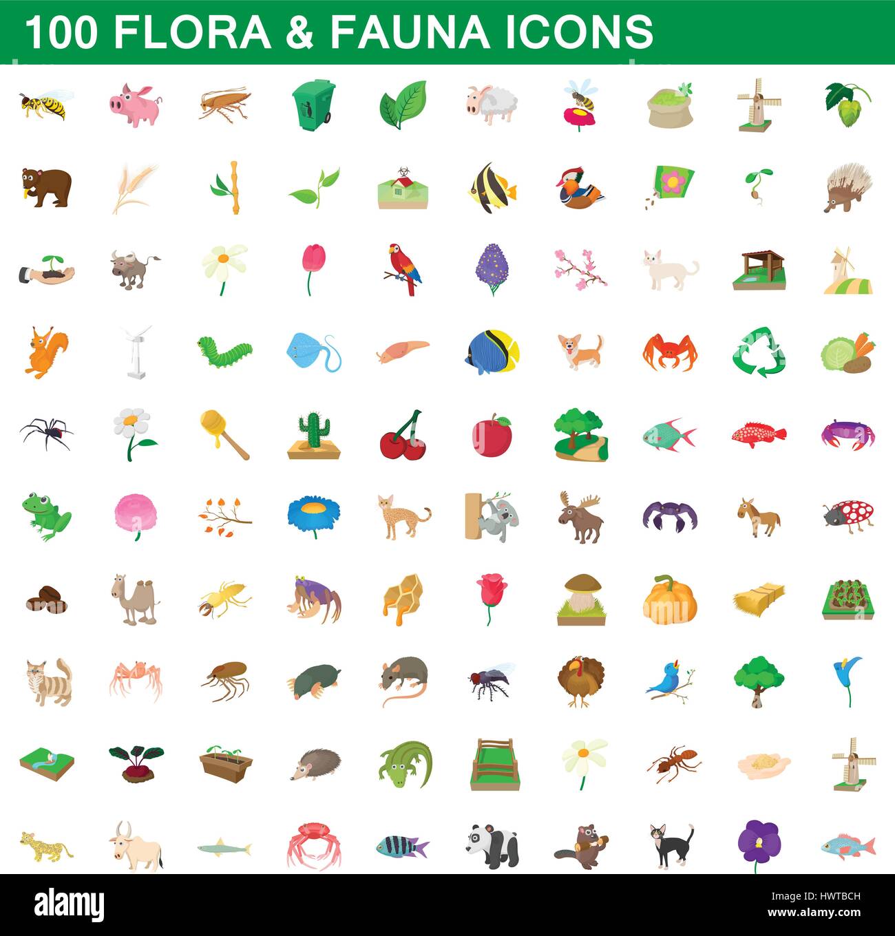 100 flora and fauna icons set, cartoon style Stock Vector Image & Art ...