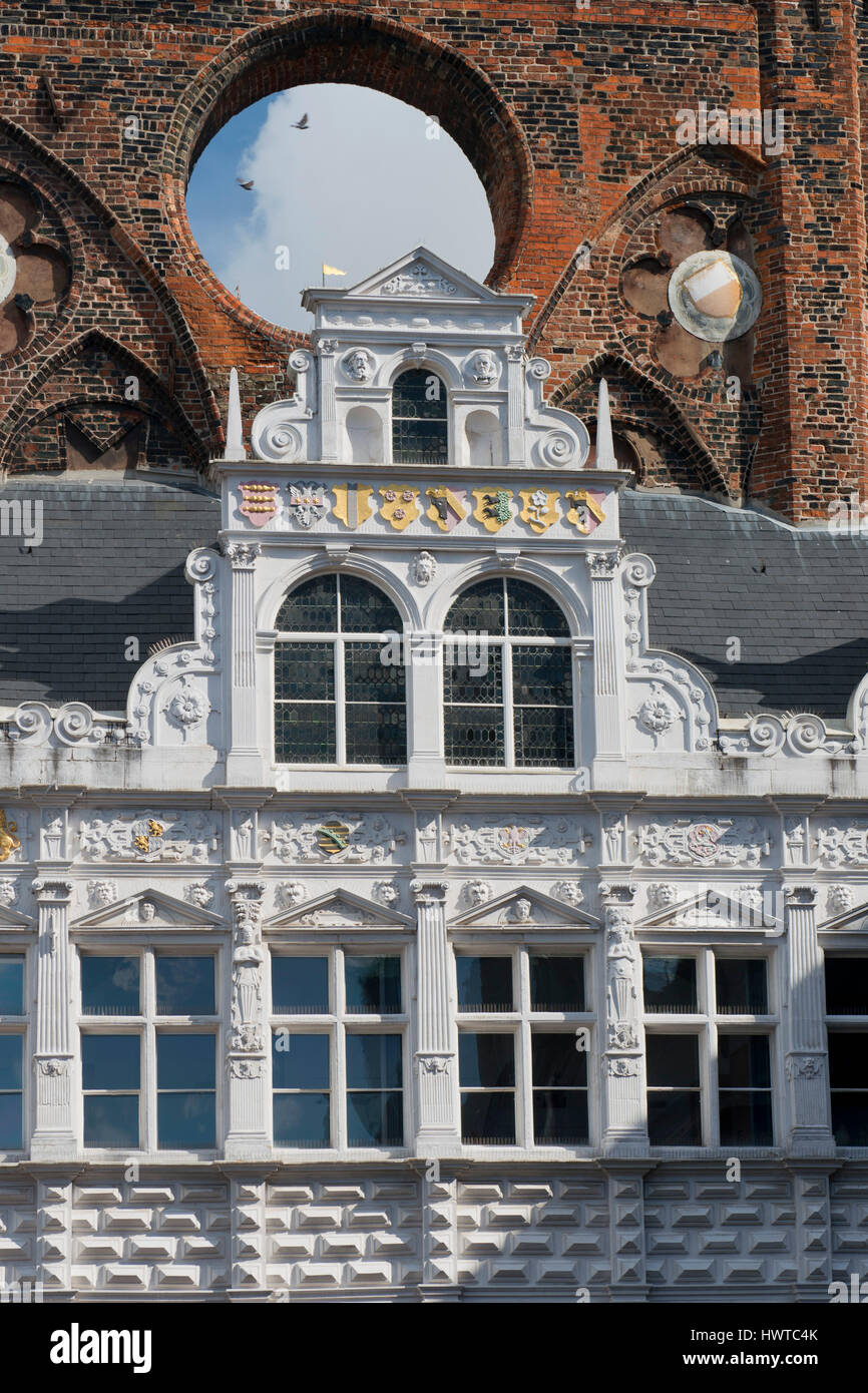 The ancient town hall in the center of the hanseatic city of Lubeck, in ...