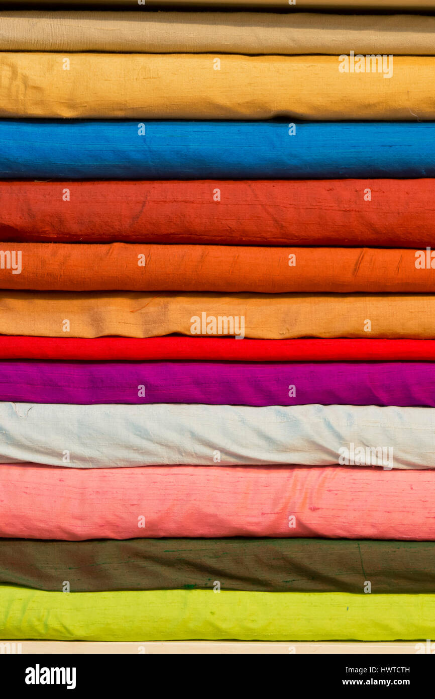 Different color textiles in indian silk Stock Photo - Alamy