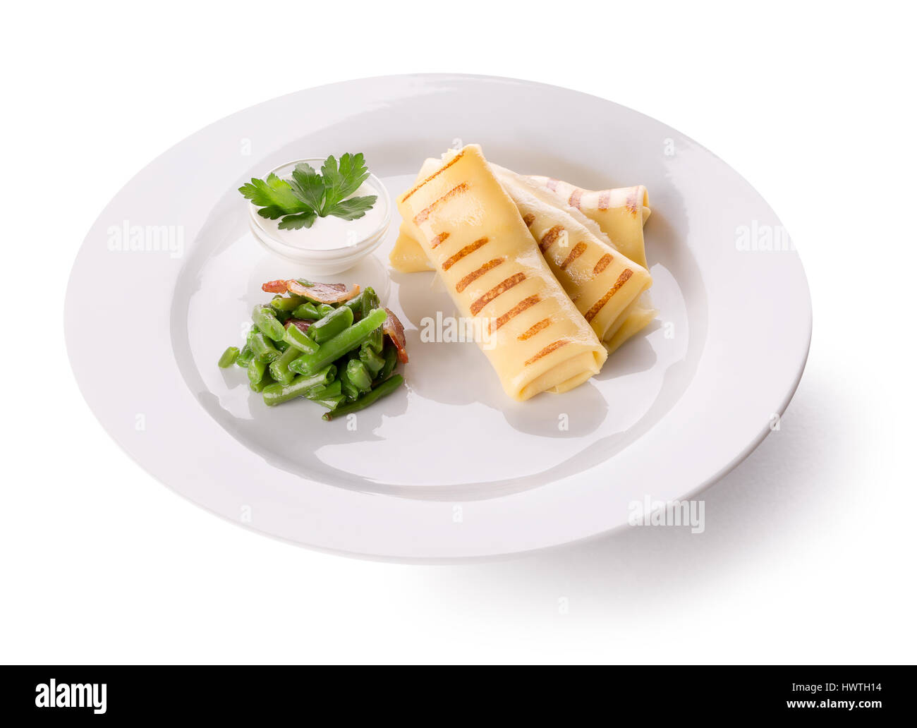 breakfast with spring rolls with sauce on plate Stock Photo - Alamy