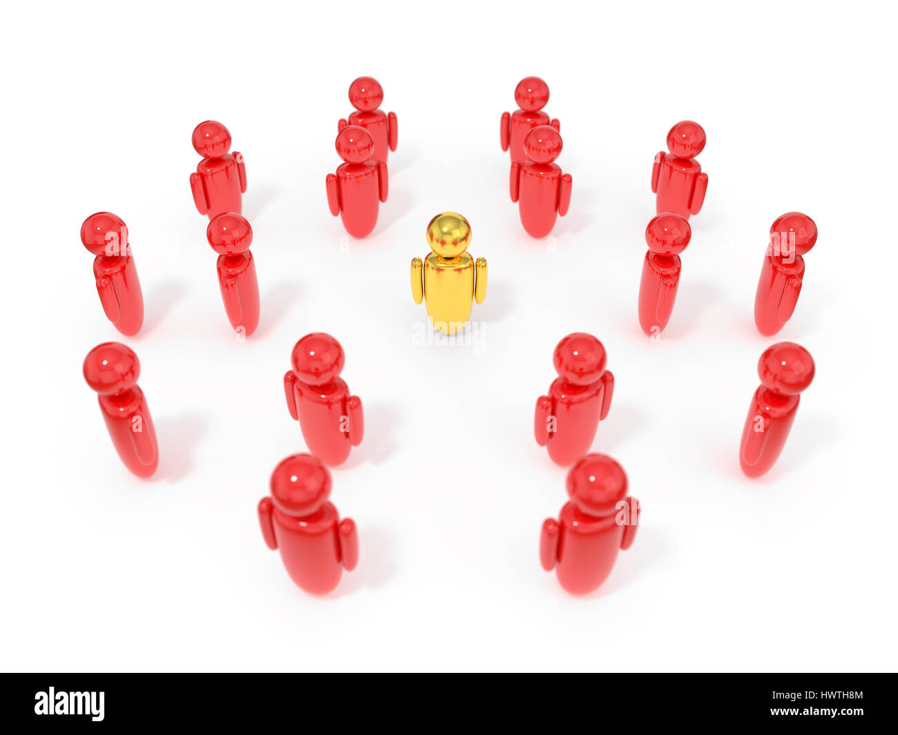 3d illustration of symbolic human figures surrounded one golden figure ...