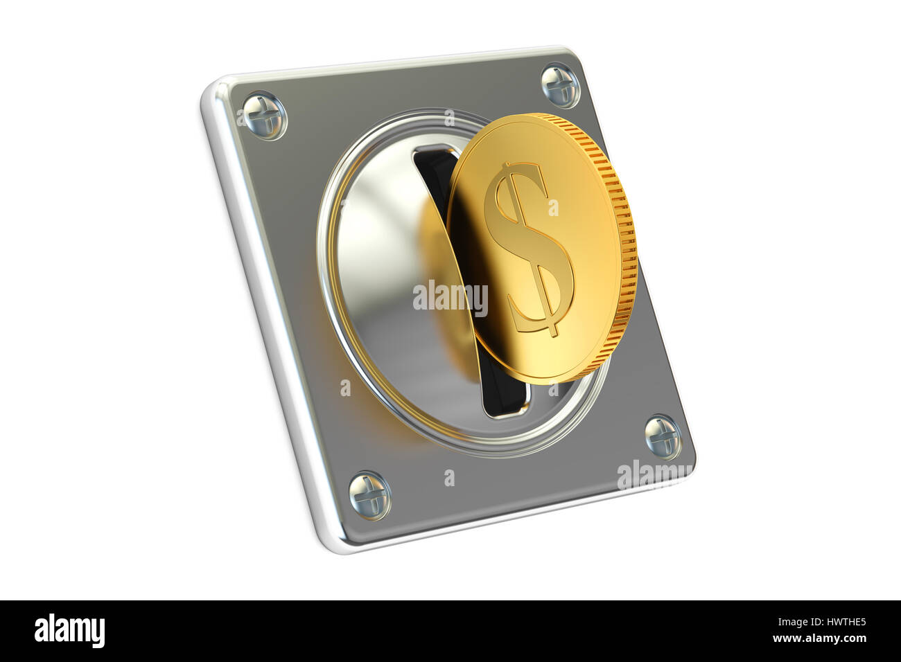 Coin Acceptor with golden coin, 3D rendering isolated on white ...