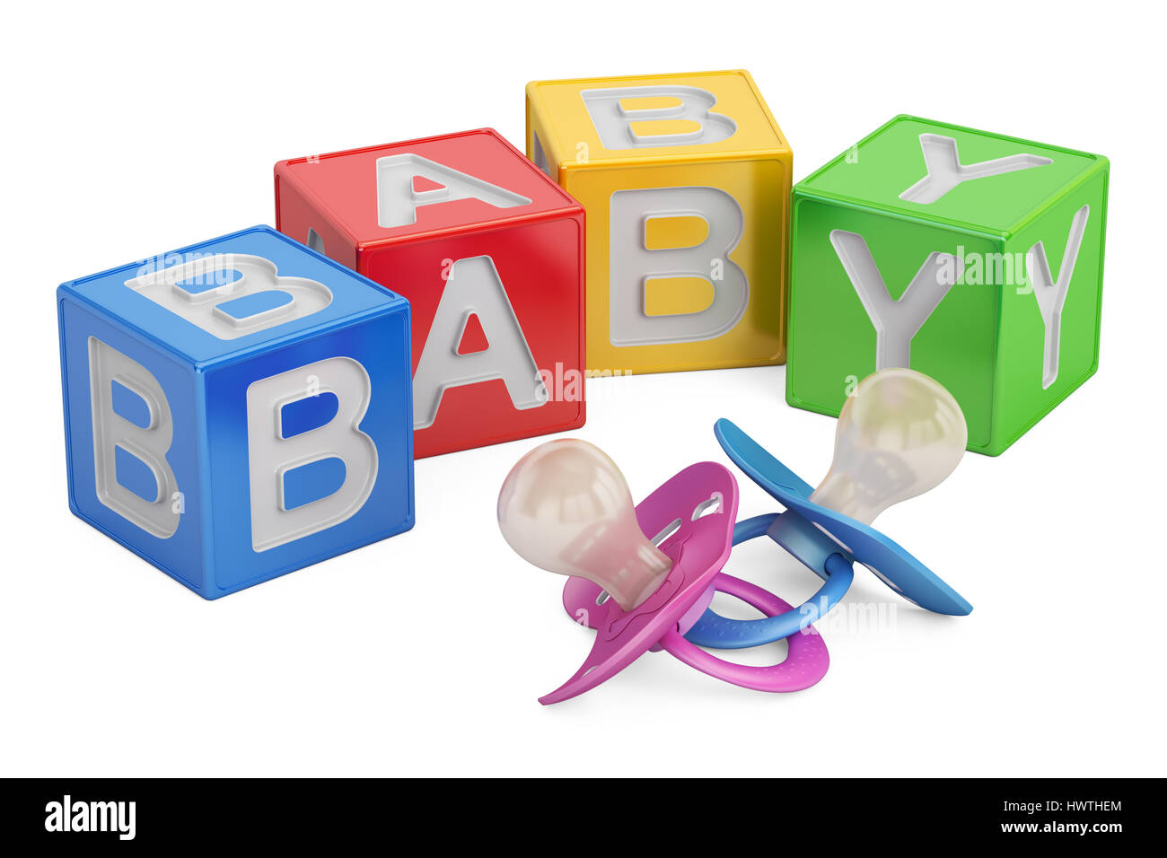 education for baby concept, kid cubes with pacifiers. 3D rendering ...