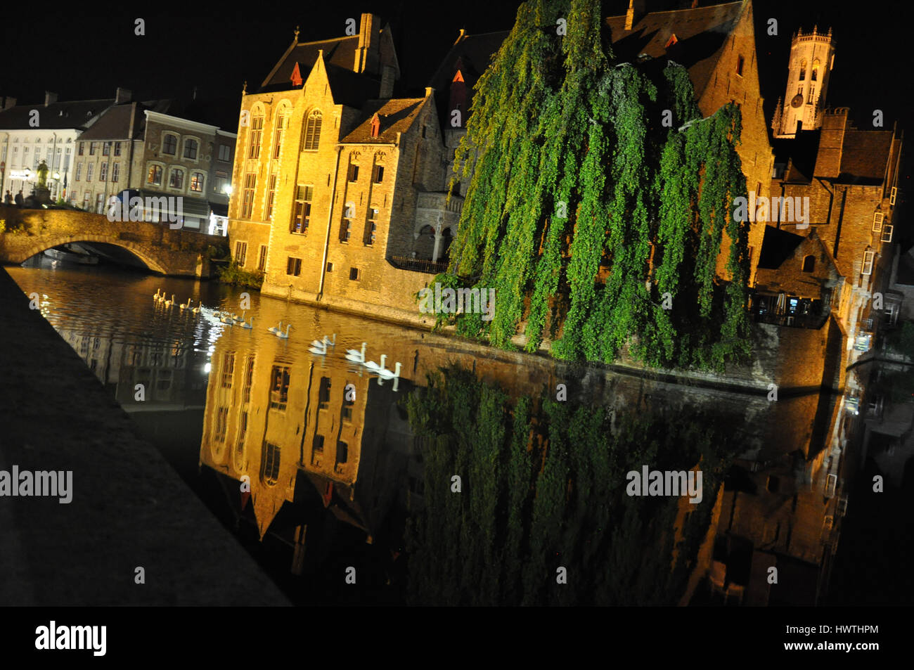 beautiful Brugge night view with canal reflections of buildings and ...