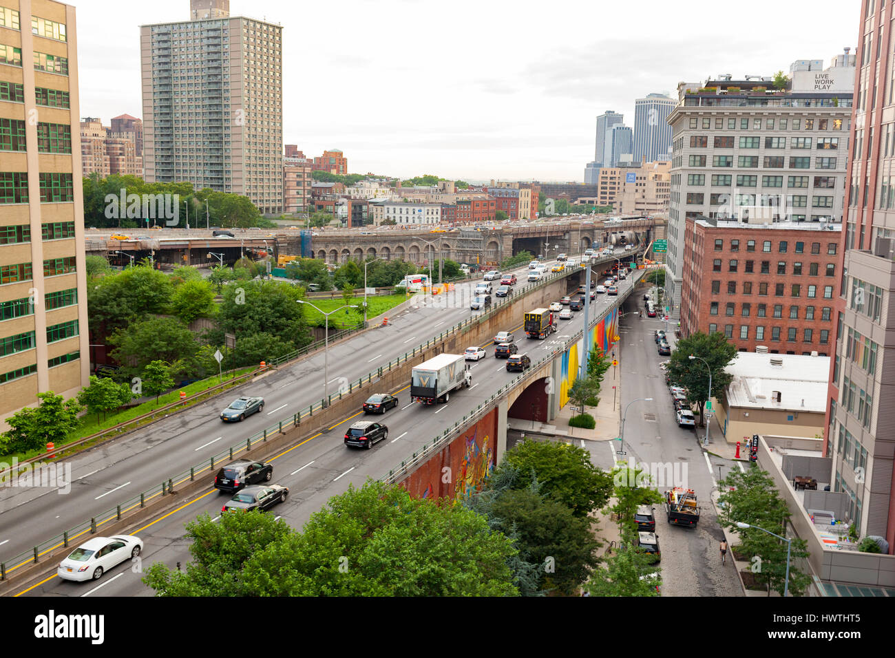 New York City, USA - July 12, 2015: Highway traffic on the Brooklyn ...