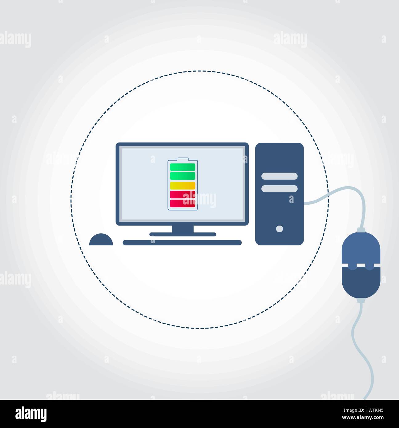 Computer with a plug plugged in and battery symbol on monitor showing ...