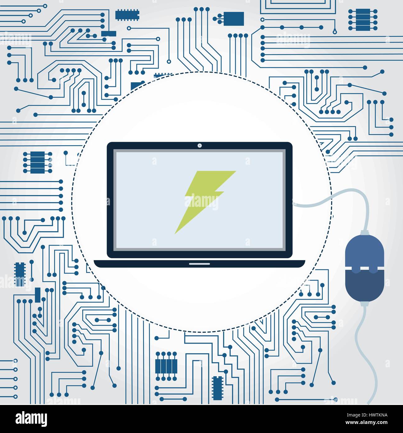 Electronics circuit background. Laptop with a plug plugged in and ...