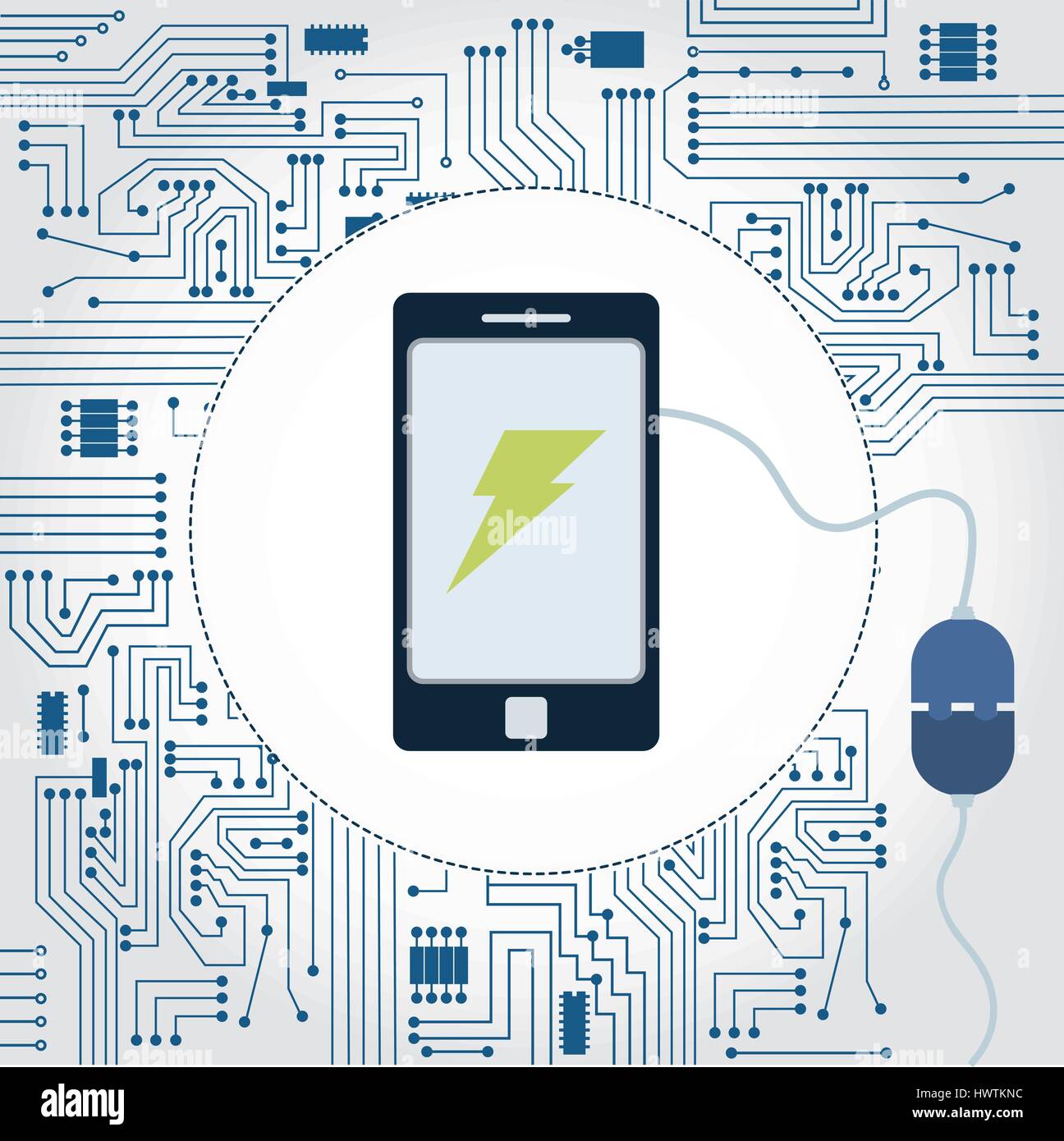 Electronics circuit background. Phone with a plug plugged in and ...