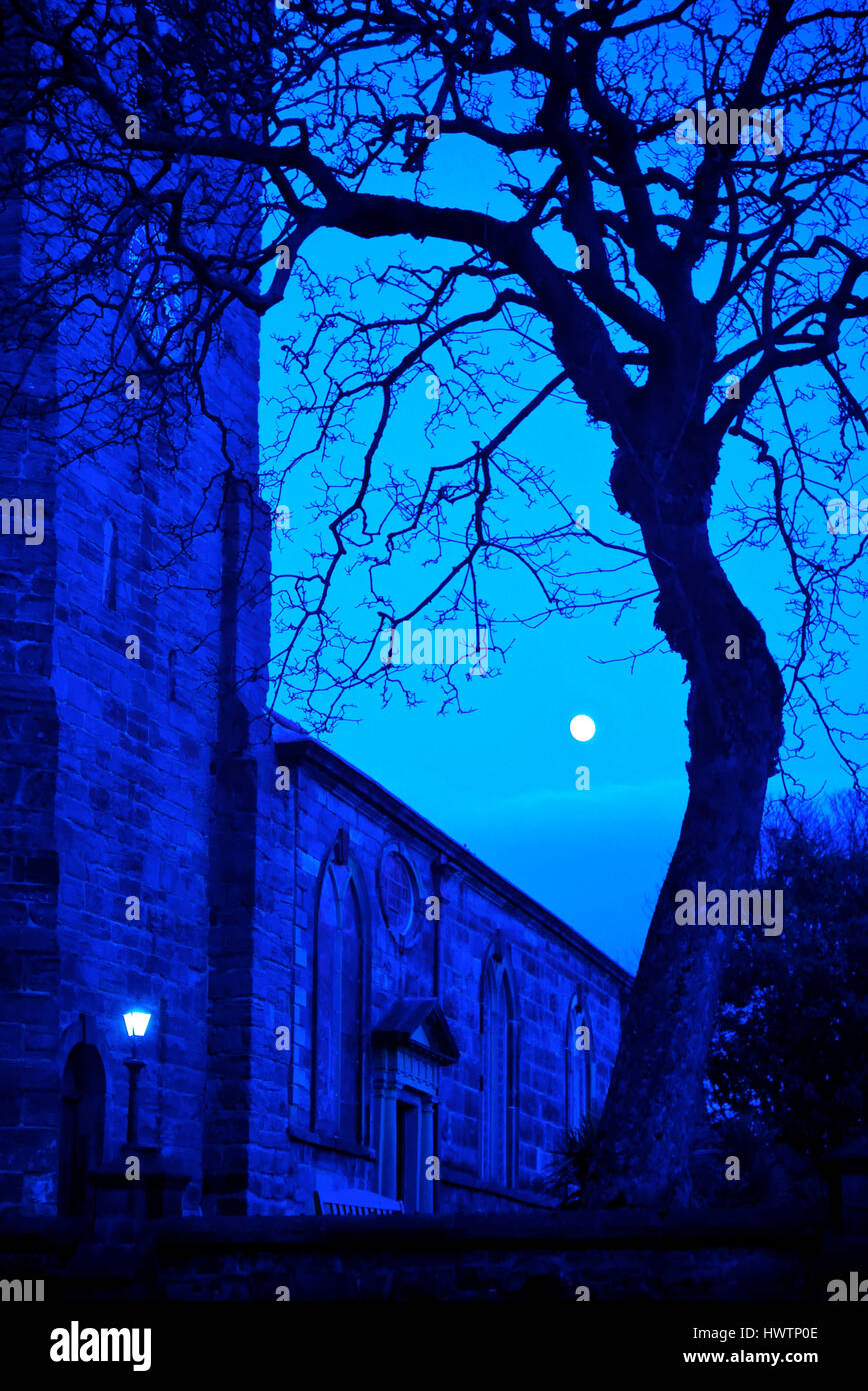 Old church at night under full moon Stock Photo - Alamy