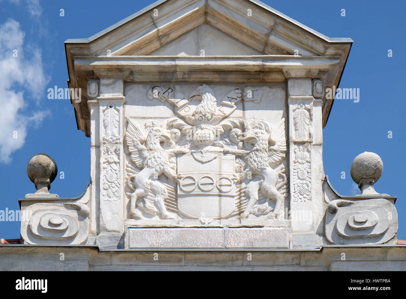 Coat of arms above entrance of Castle in Ptuj, town on the Drava River ...