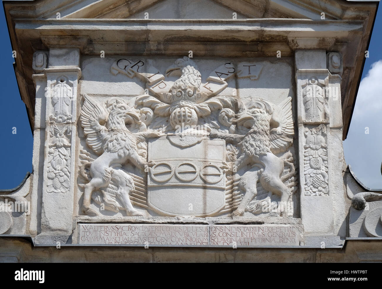Coat of arms above entrance of Castle in Ptuj, town on the Drava River ...