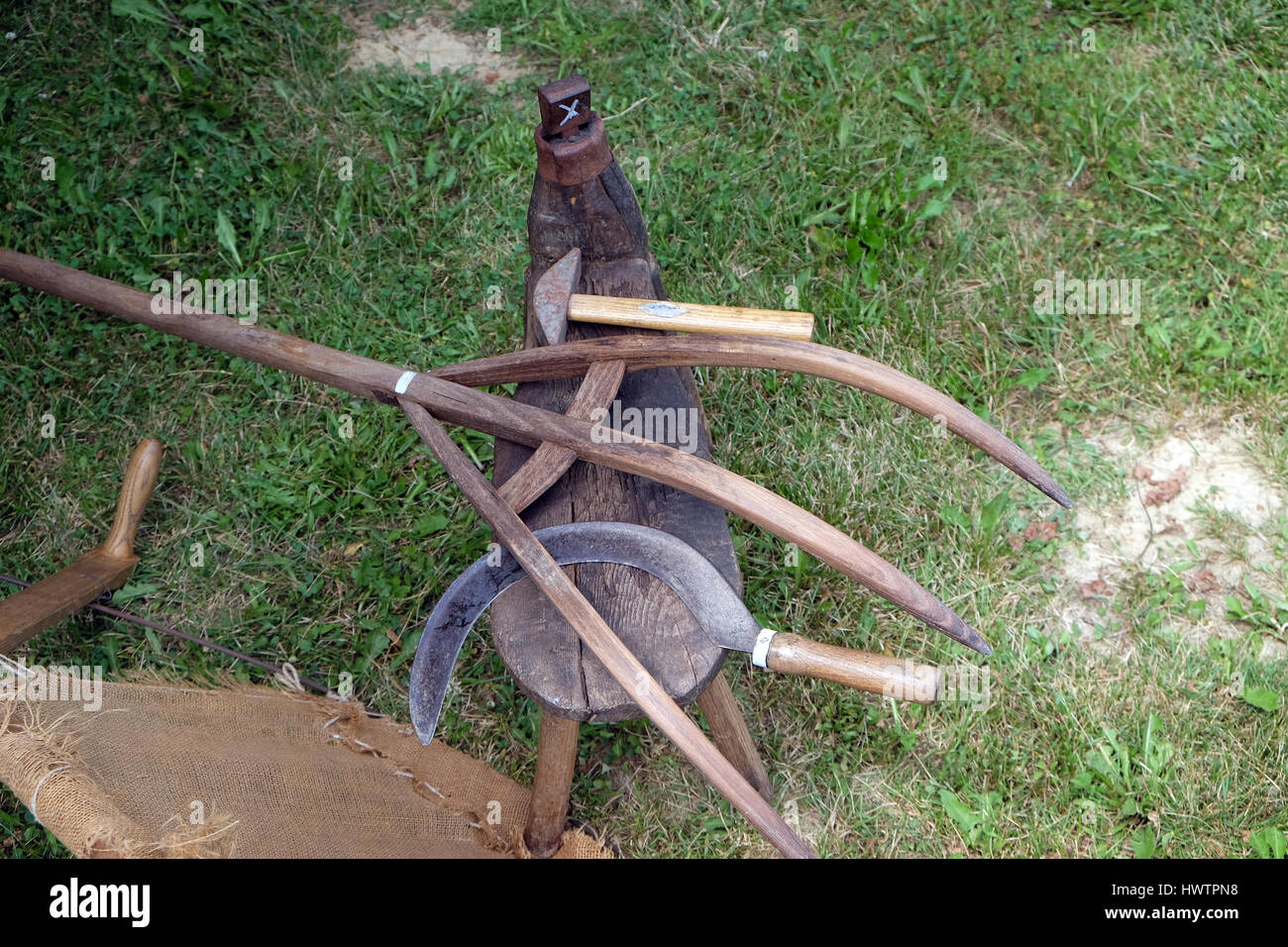 Wooden farmer fork for harvest Stock Photo - Alamy