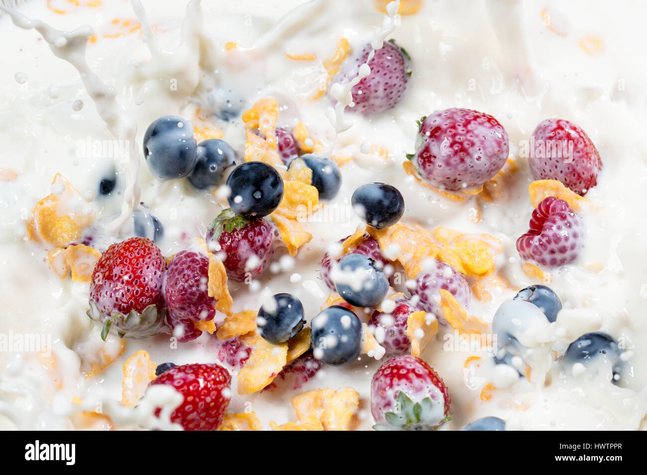 splash corn flakes with fresh berries and pouring milk background Stock ...