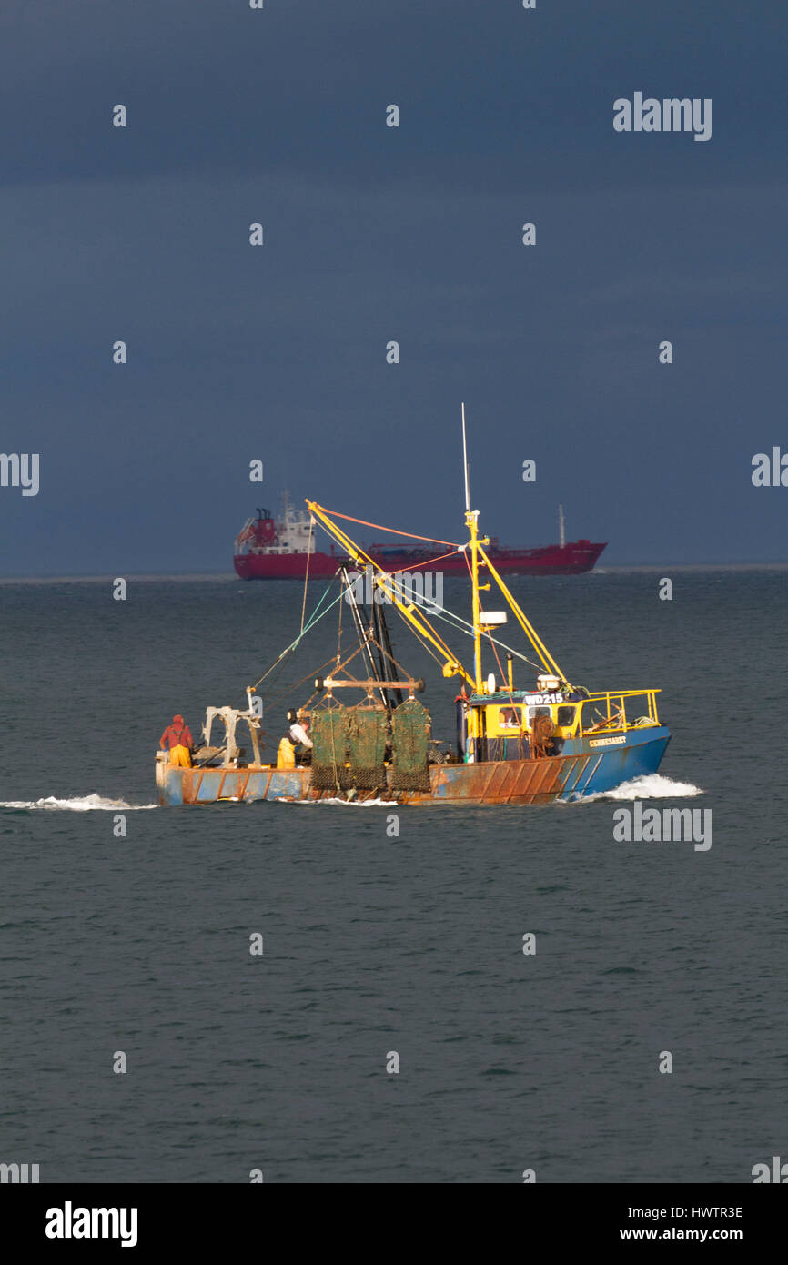 Inshore trawler in shallow coastal sea fishing for arine life which may ...