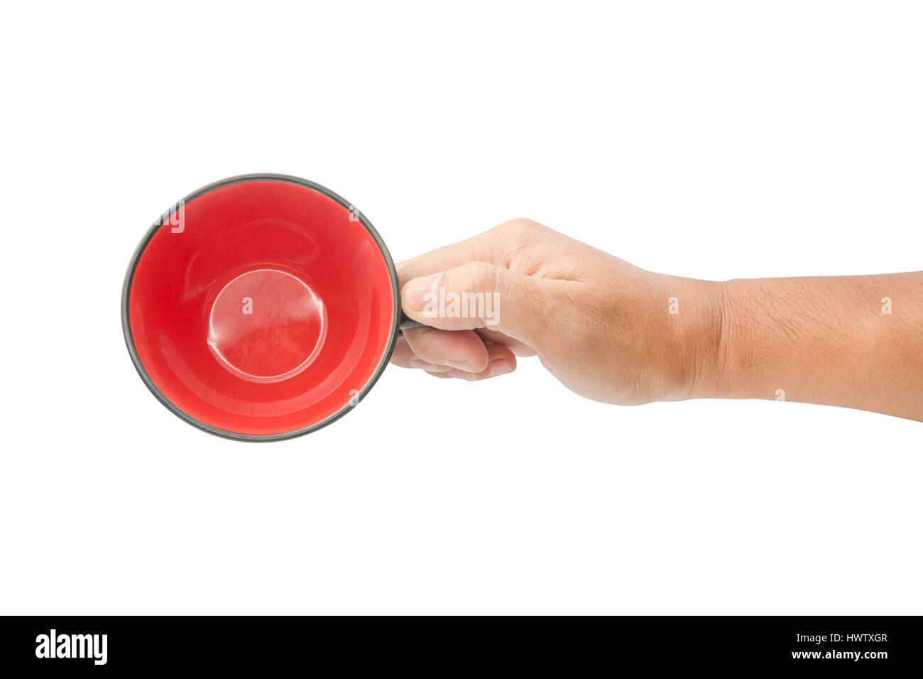 hand holding a red mug isolated top view on white background with ...