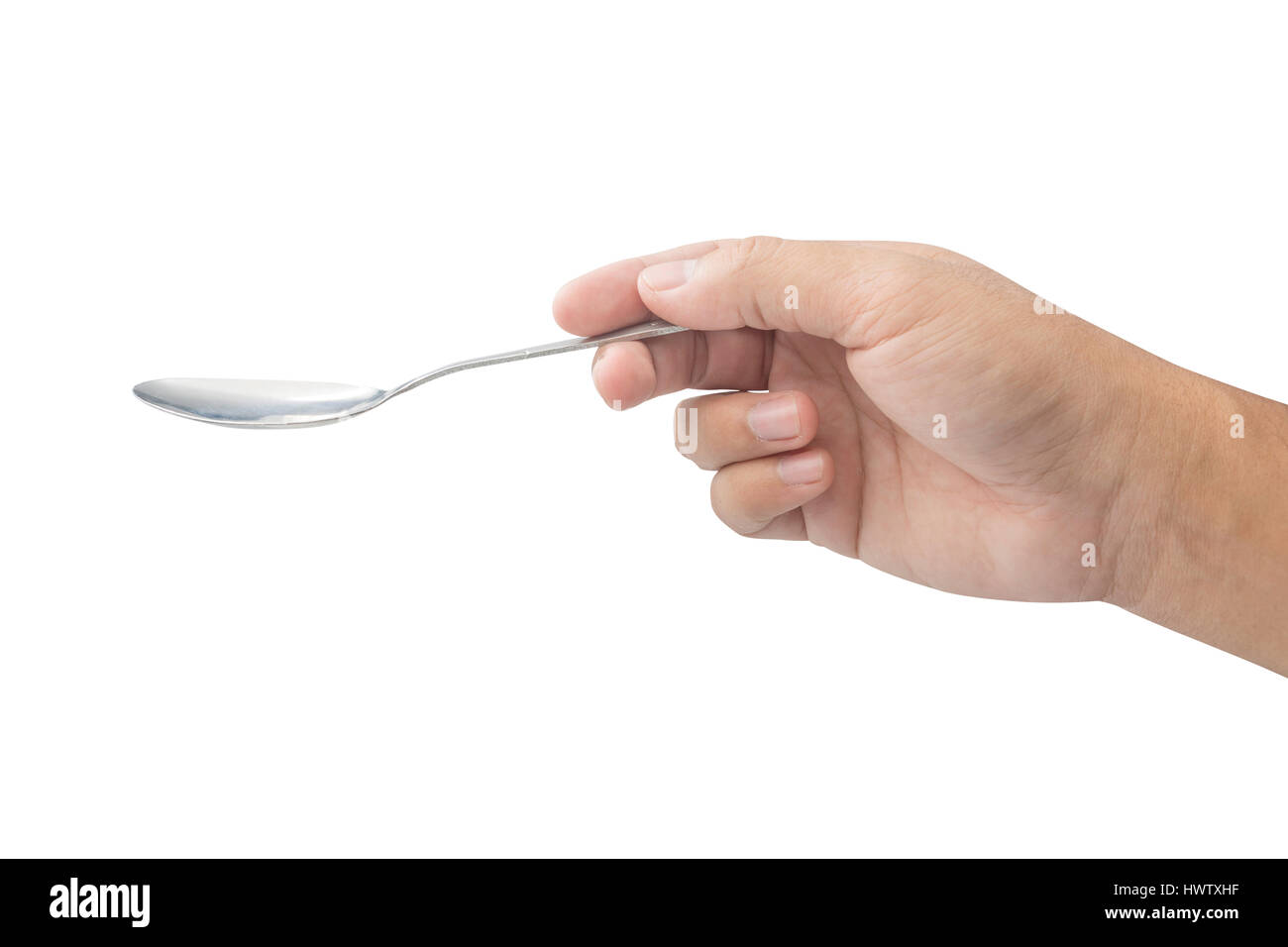 hand holding metal spoon isolated on white background with clipping ...