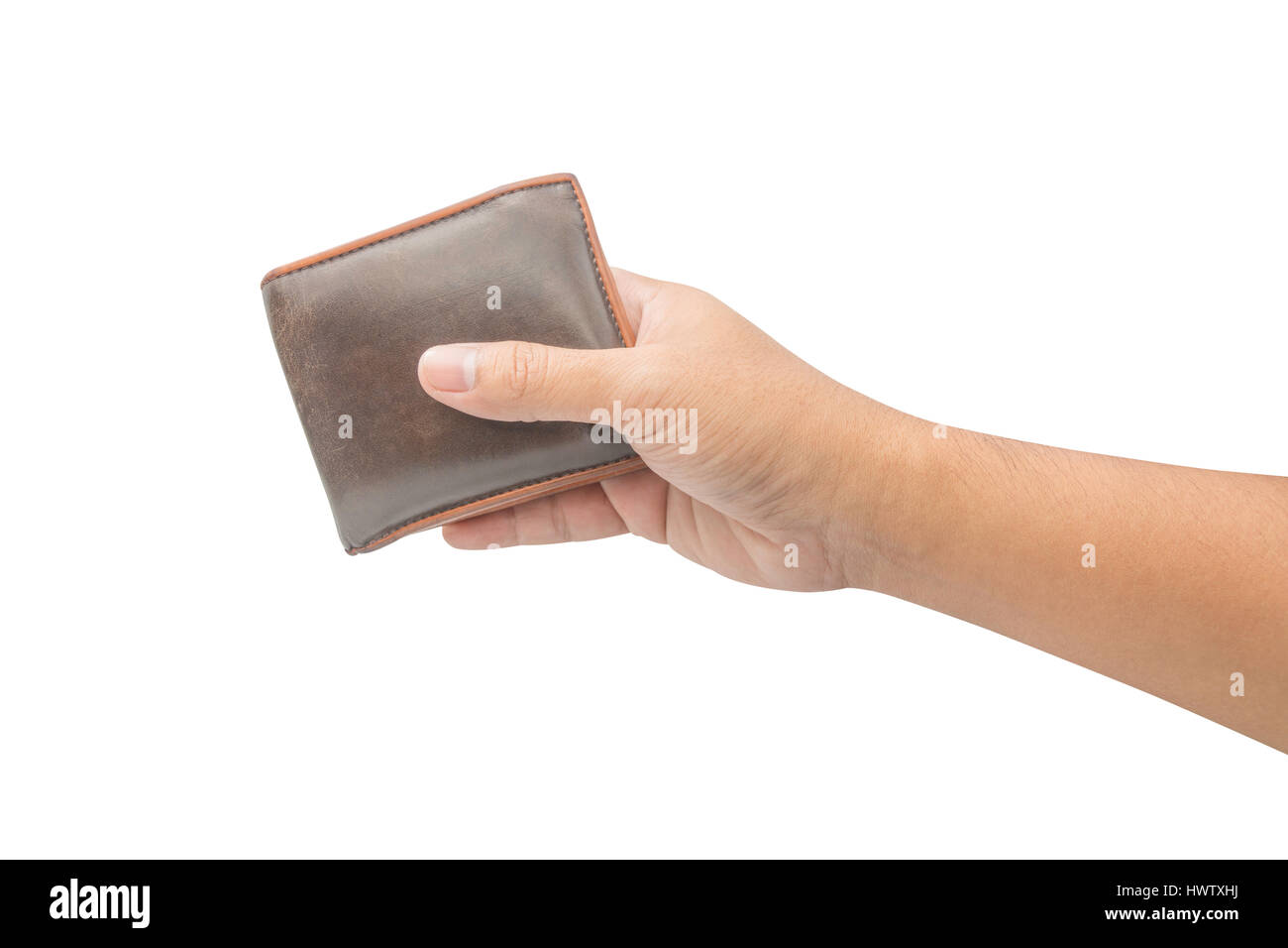 hand holding brown leather wallet isolated on white background with ...