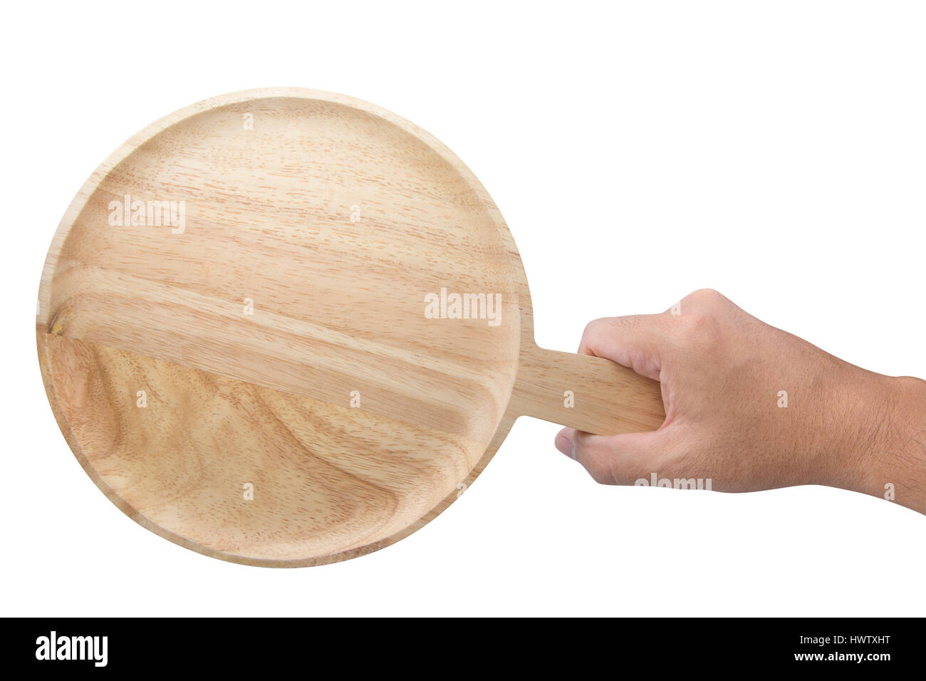 hand holding wooden plate isolated on white background with clipping ...