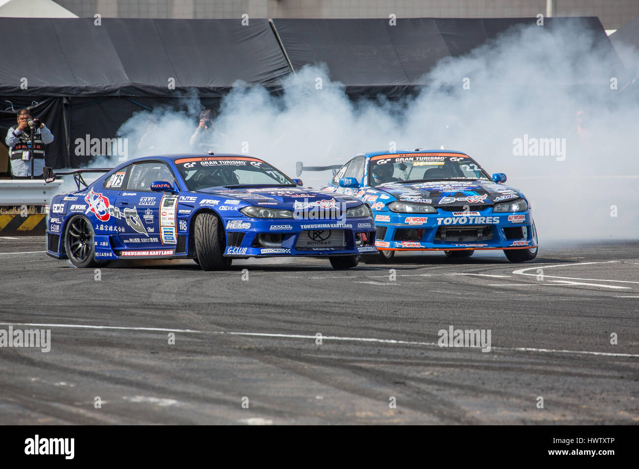 Tokyo, Japan. 18th April,2015. Participants battle drifting skills ...