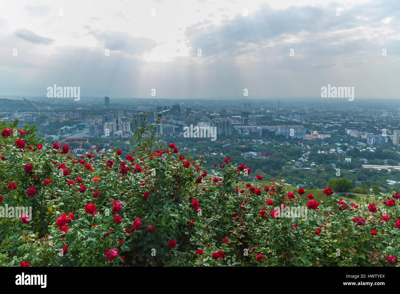 Almaty city view from Koktobe hill and cabin of cable car, landmark in ...