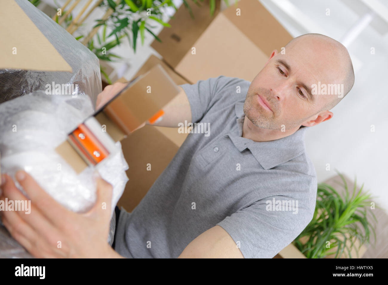 close up of male hand packing cardboard box Stock Photo - Alamy