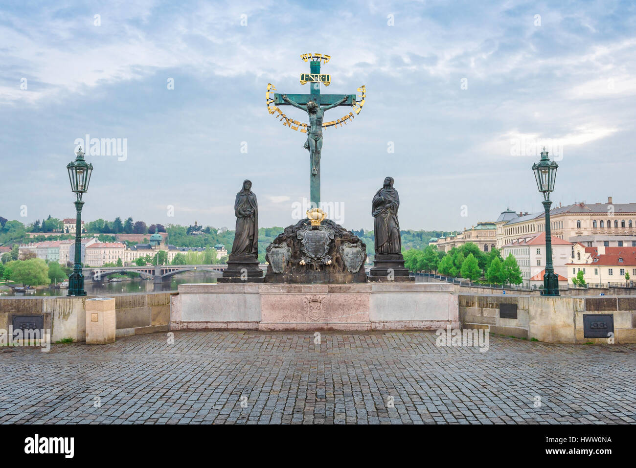 Charles Bridge Prague, view the famous seventeenth century Crucifixion ...