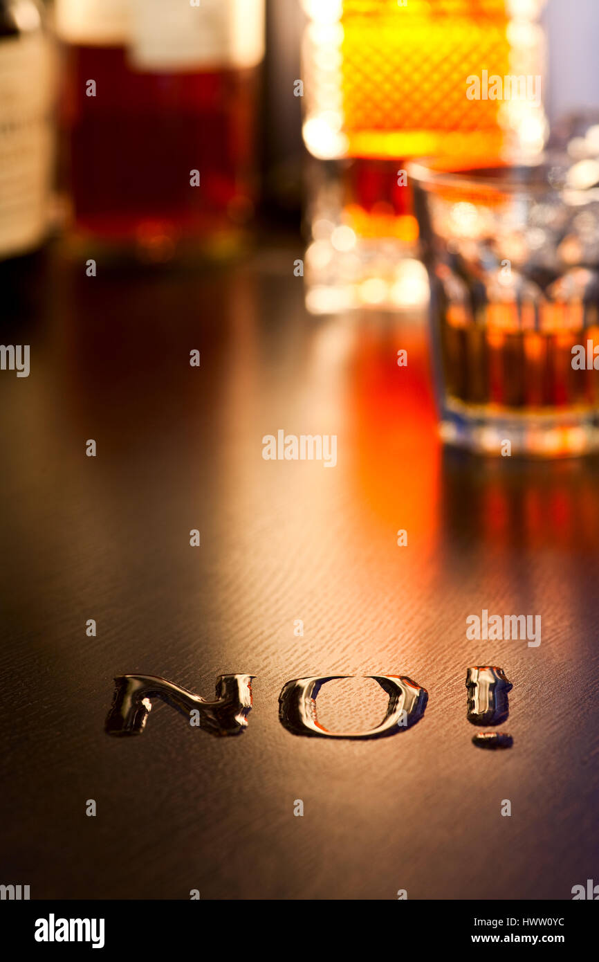 The word No! written with spoiled whiskey on a table, shallow DOF Stock ...