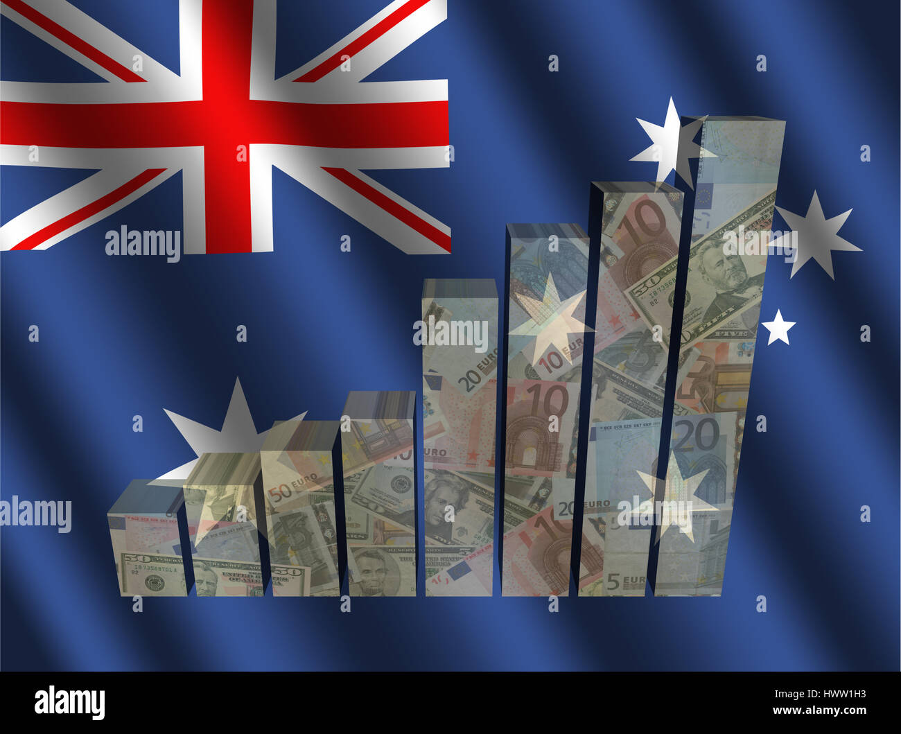 Currency graph on rippled Australian flag illustration Stock Photo - Alamy