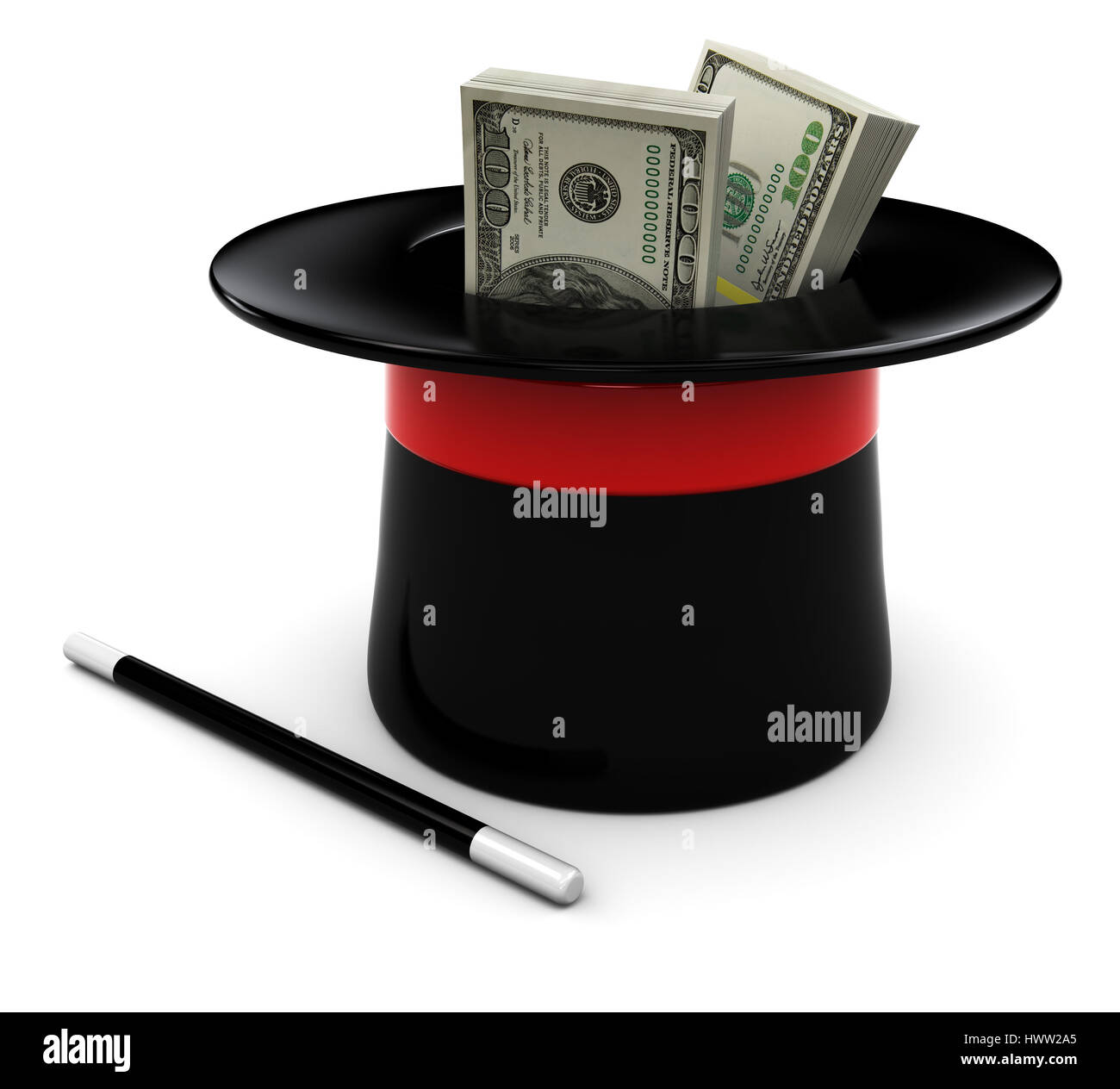 3d illustration of magic wand and hat with money, over white background ...