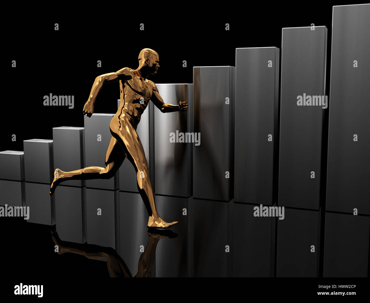 3d illustration of running man and raising charts, over black ...
