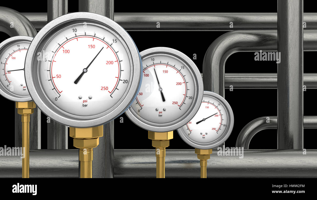 3d illustration of manometers and pipes over black background Stock ...