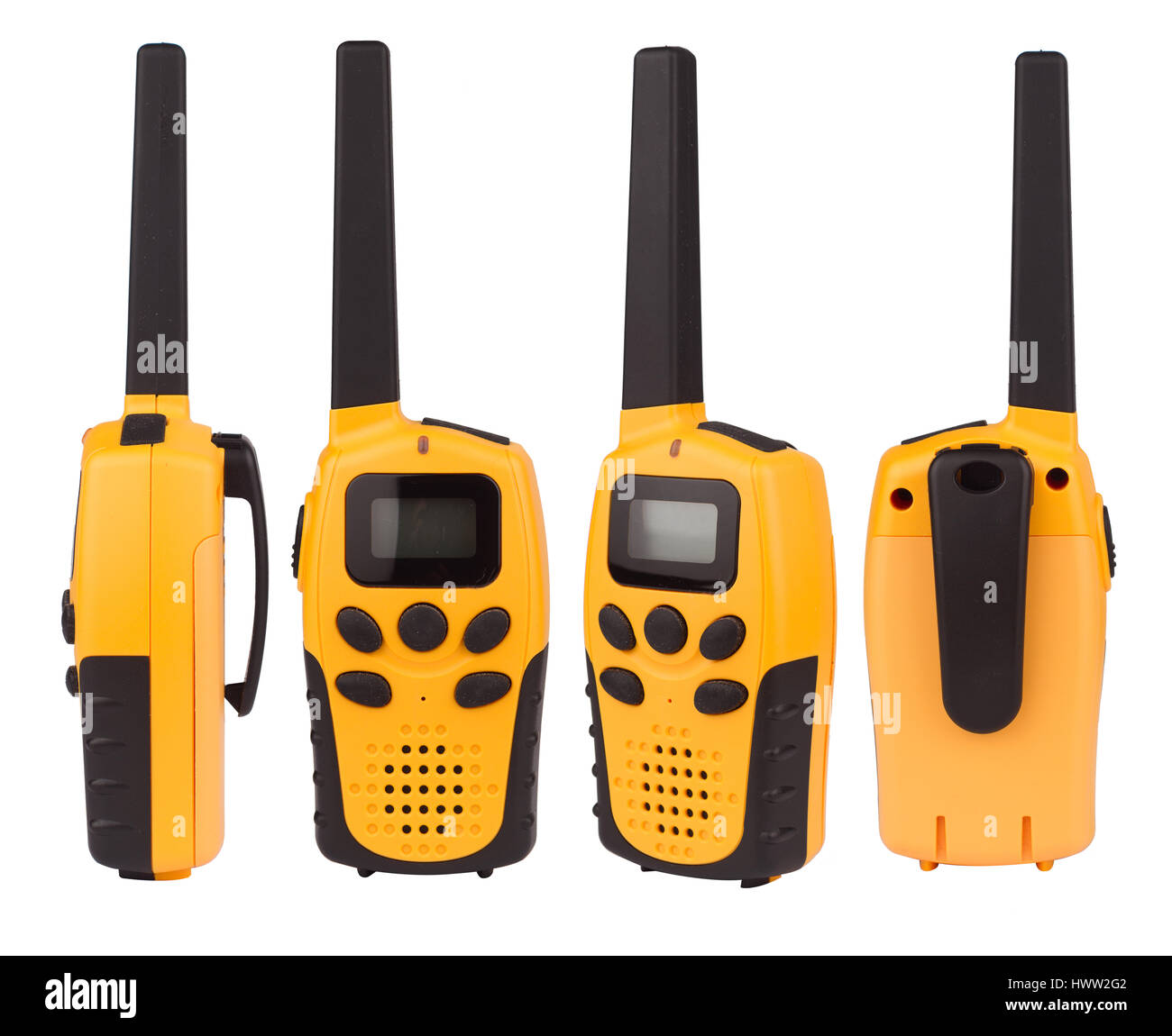 different angle views of yellow walkie talkie with black keypad ...