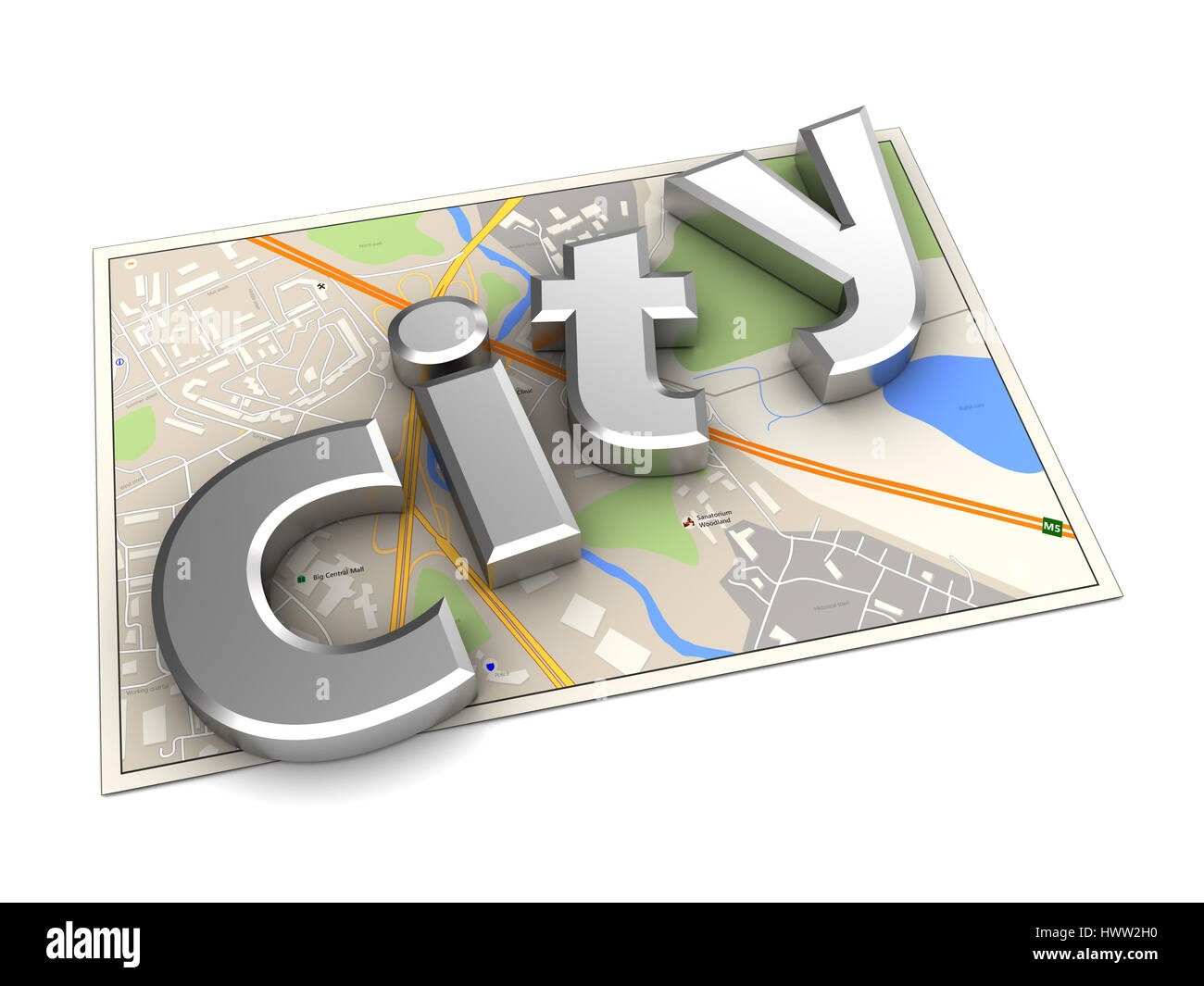3d illustration of map and text city, over white abckground Stock Photo ...