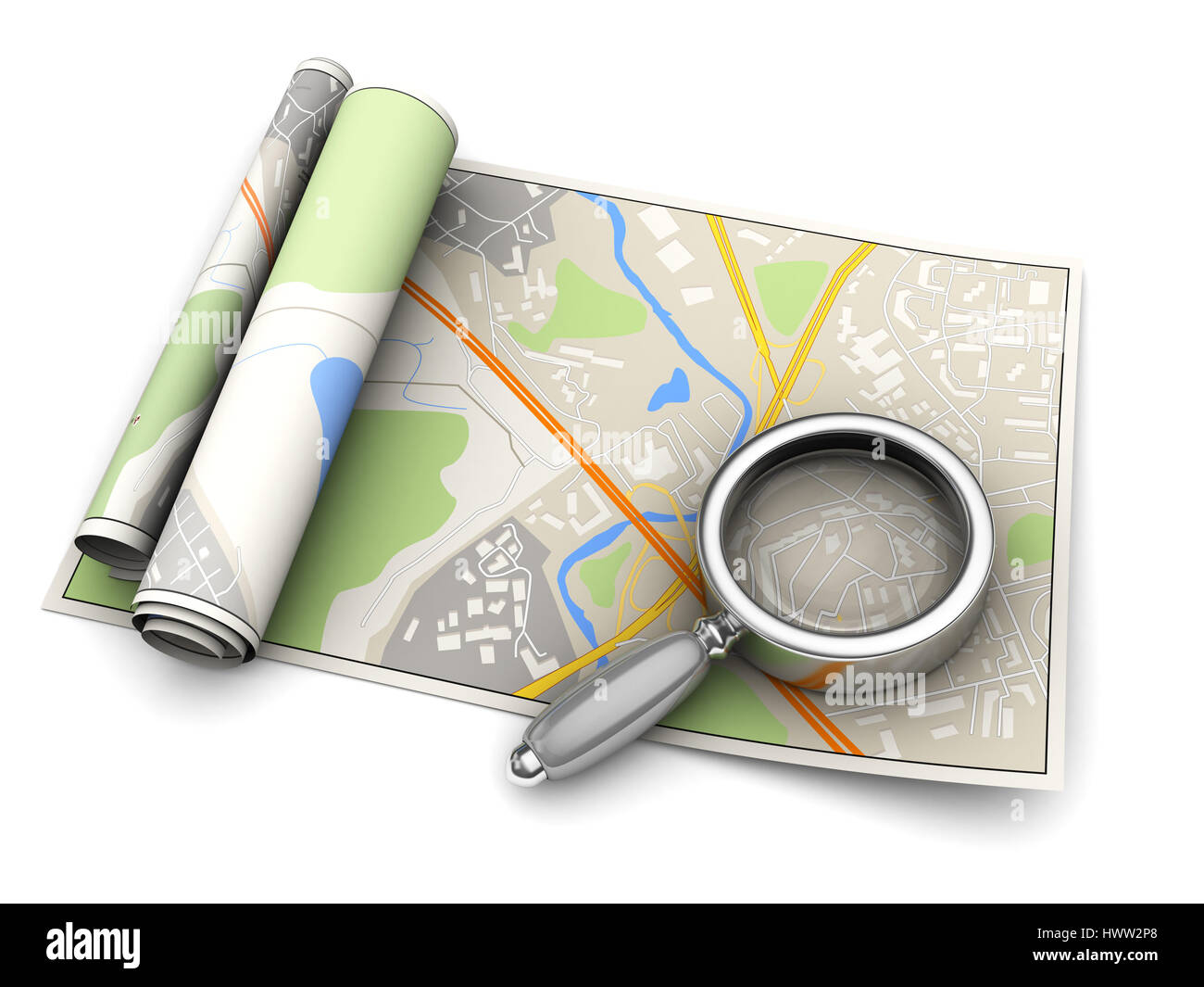 3d illustration of map and magnify glass Stock Photo - Alamy