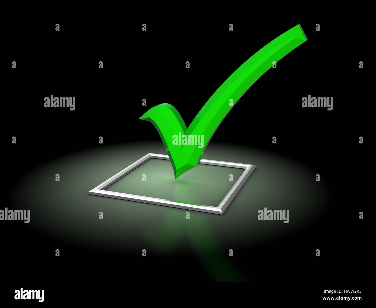 3d illustration of checkbox with glowing green tick, over black ...