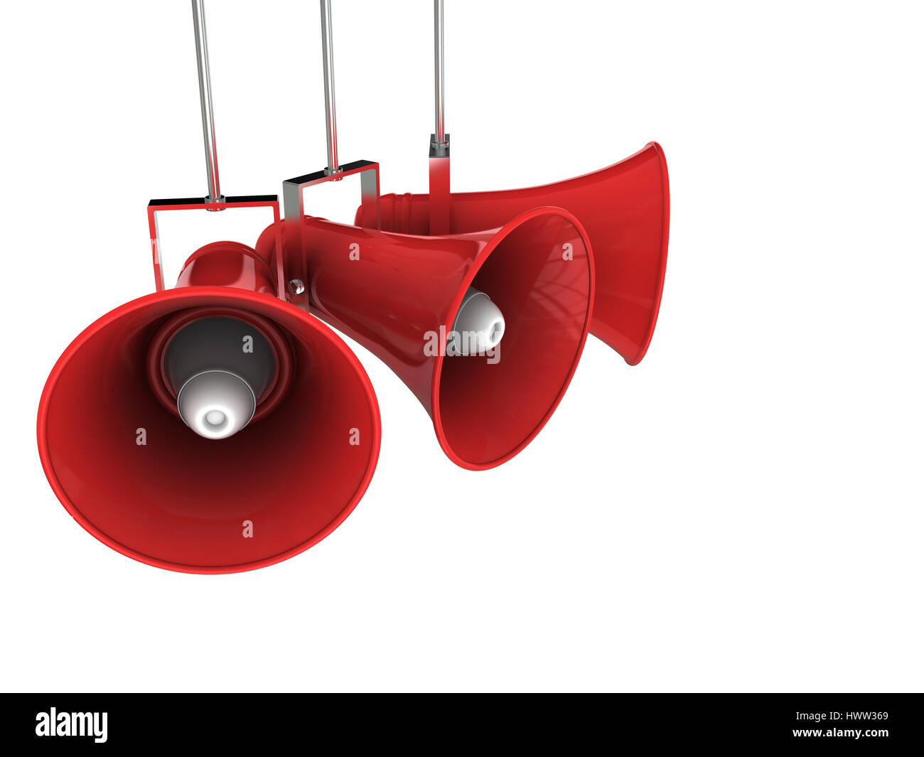 3d illustration of three broadcasting megaphones over white background ...