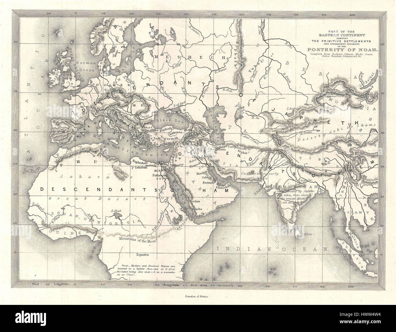 This 1850s map, titled 'Map of the World of the Biblical Noah ...