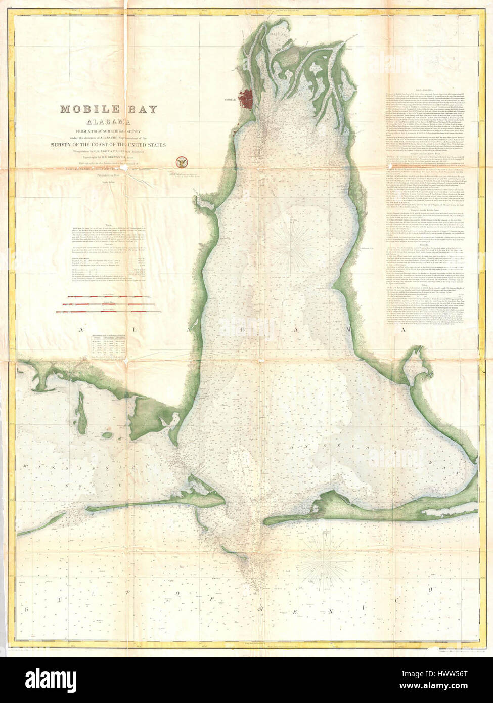 This 1856 U.S. Coast Survey Map of Mobile Bay, Alabama, is a historical ...