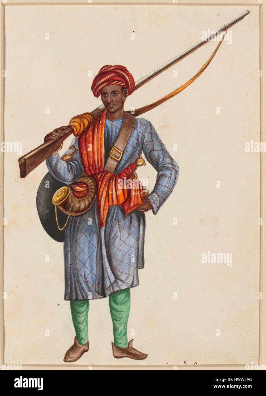 This artwork features a Mughal infantryman, a soldier from the 16th ...